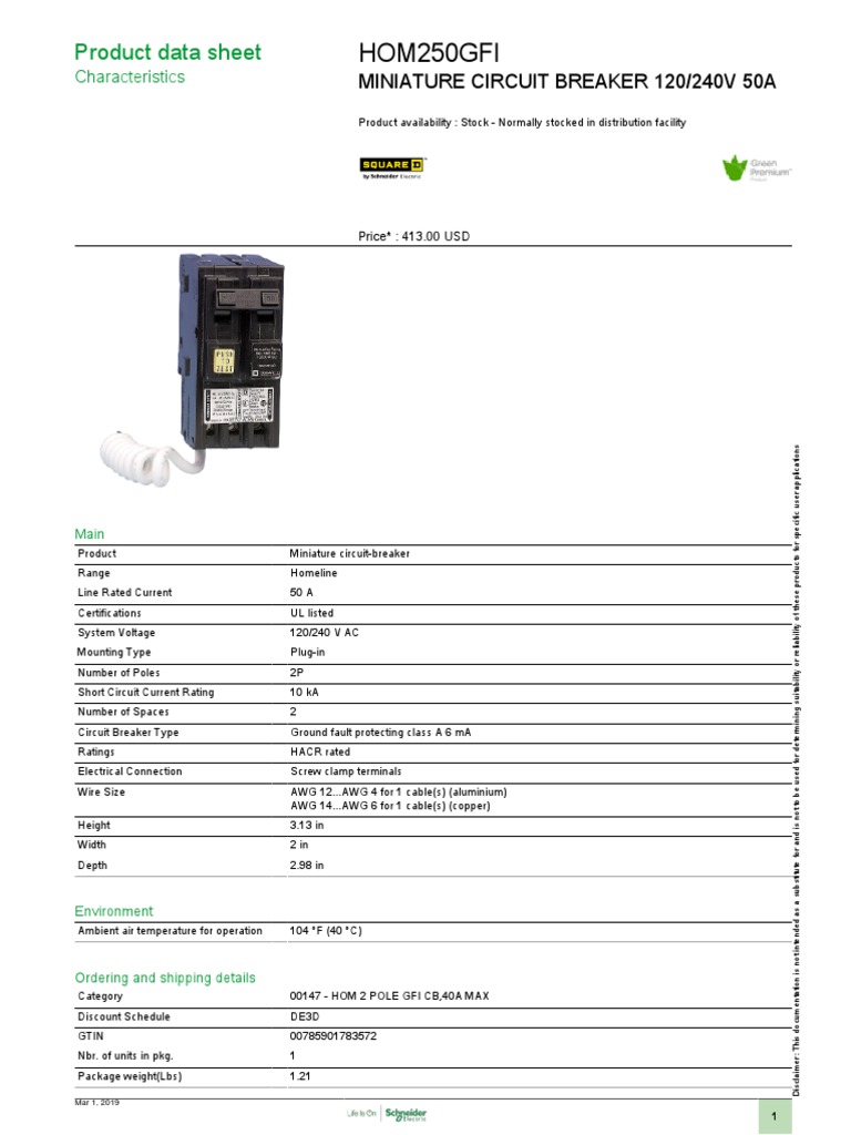 Square D™ Homeline™ Miniature Circuit Breakers - HOM250GFI | PDF ...
