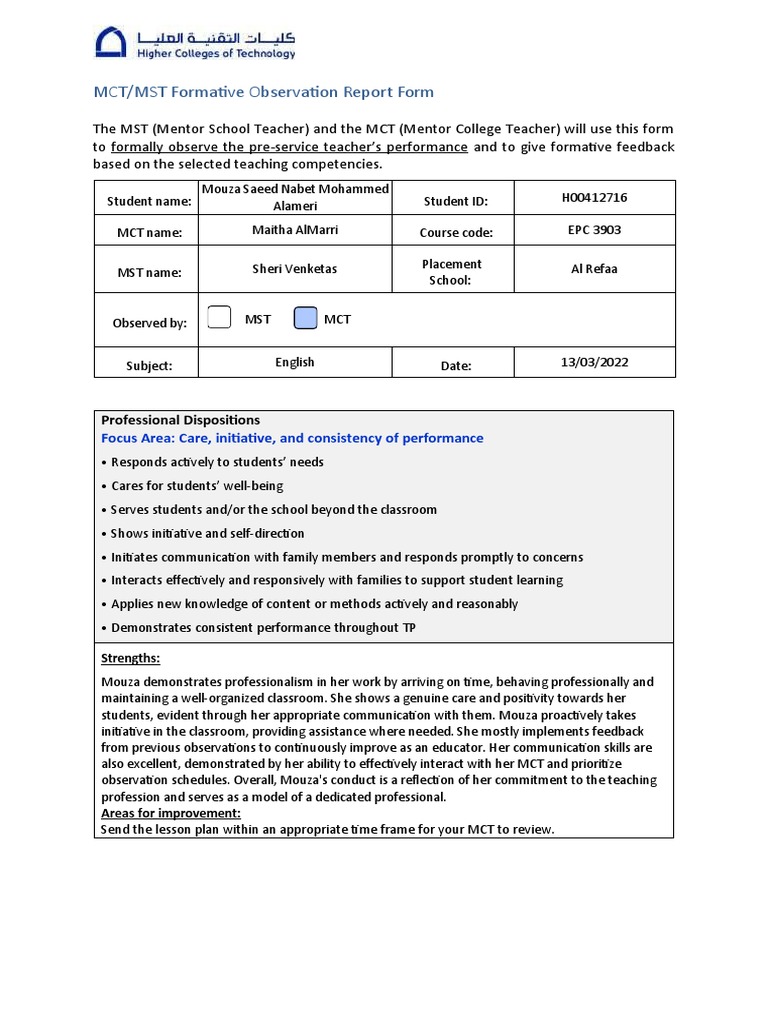 Mouza Saeed Nabet Mohammed Alameri MCT Observation 2 | PDF