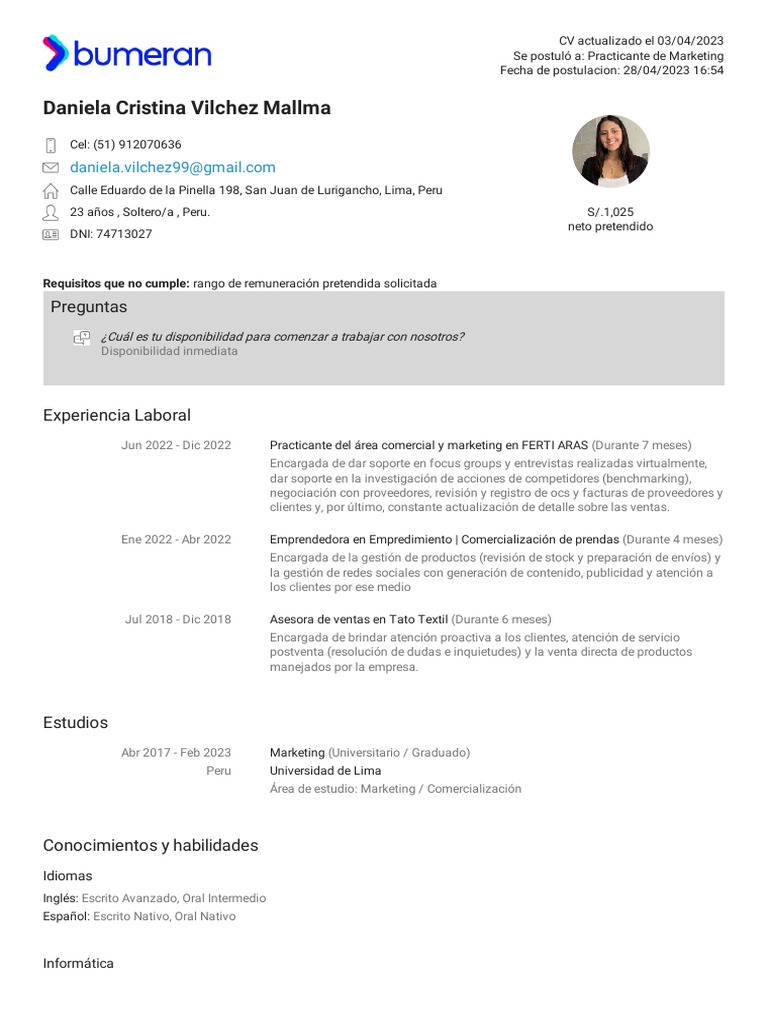 CV Daniela Cristina Vilchez Mallma PDF | PDF
