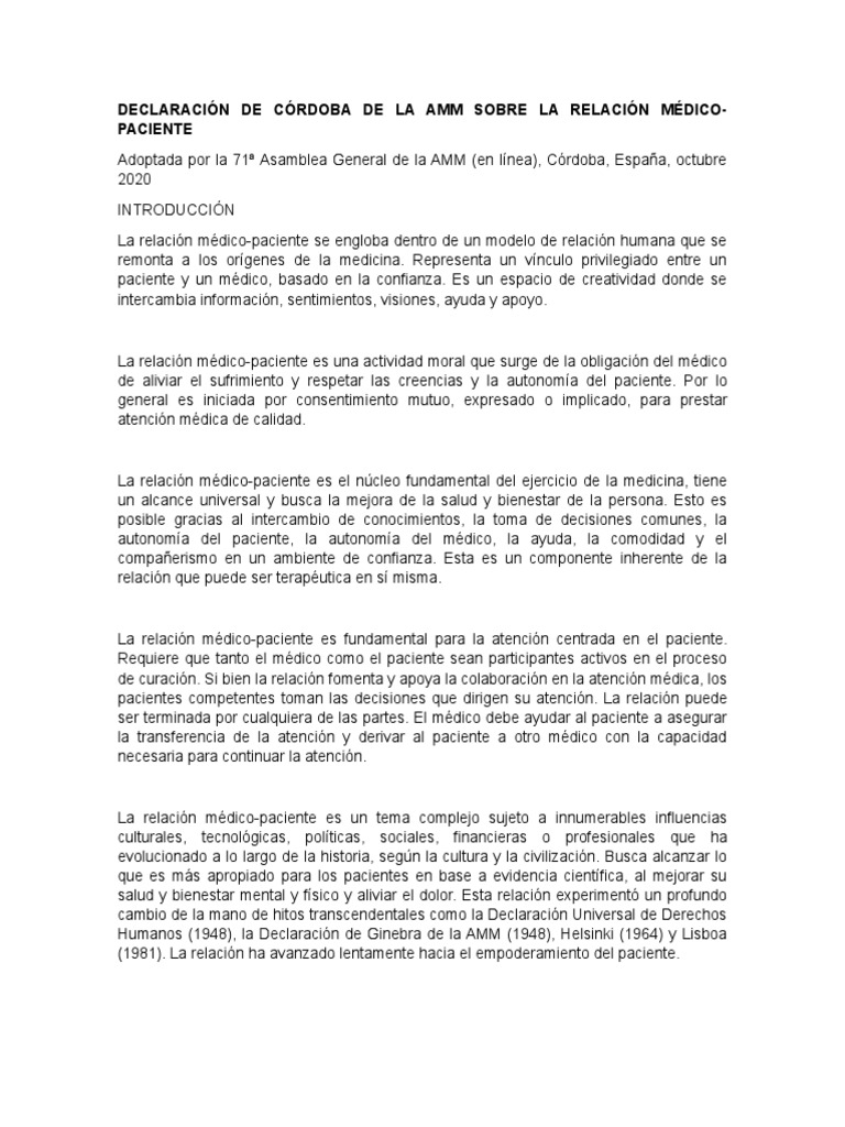 Declaración de Córdoba de La Amm Sobre La Relación Médico | PDF ... Declaración de Córdoba de La Amm Sobre La Relación Médico | PDF ...