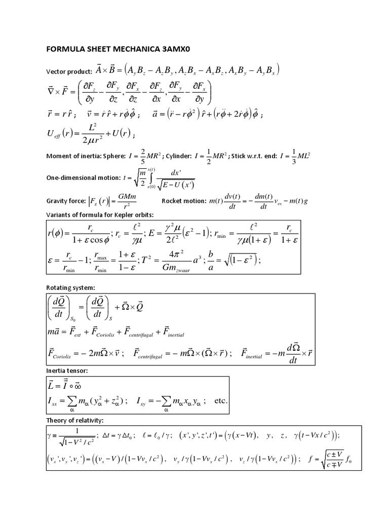 Formula Sheet | PDF | Space | Spacetime