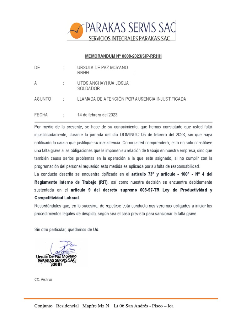 Memorandum 0008-2023 Llamada de Atención - Falta Injustificada UTOS ...
