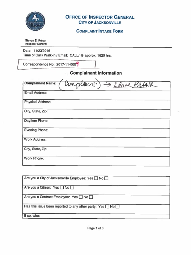 2017-11-0009 Complaint Intake Form (WB1) - Redacted | PDF
