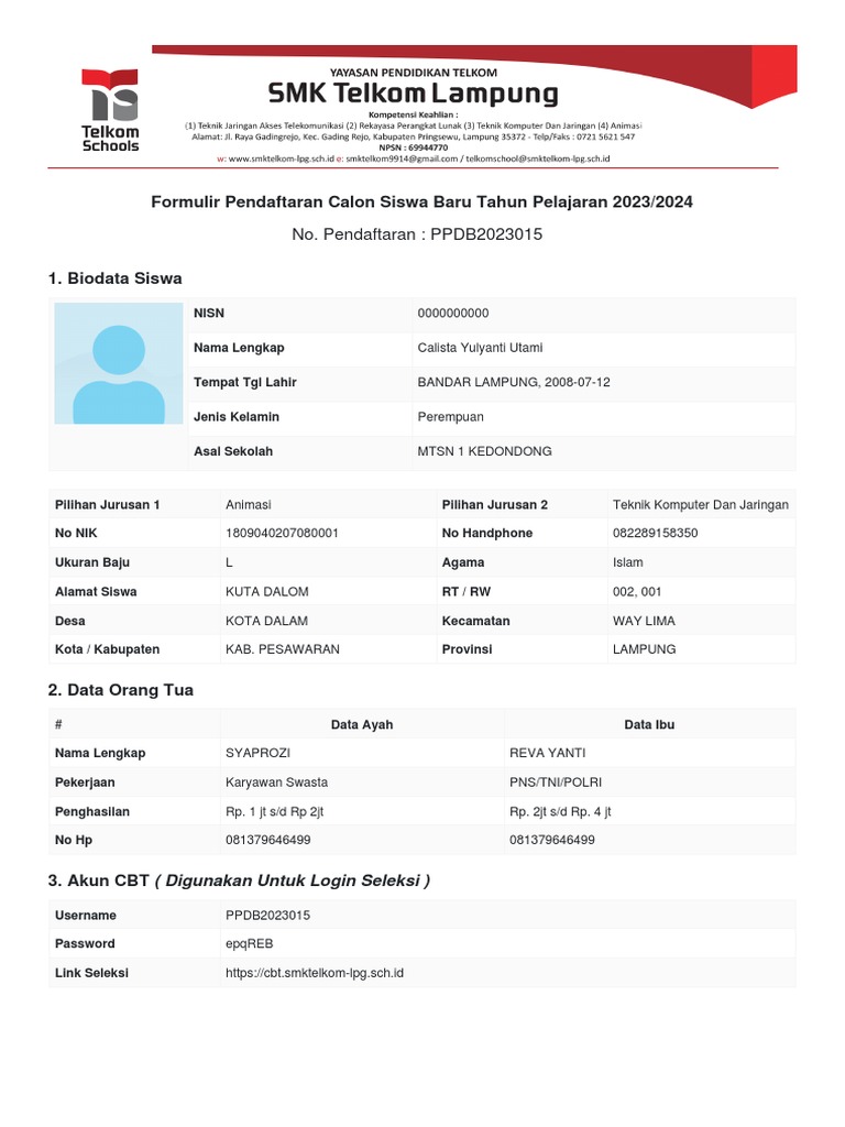 Formulir - PPDB - Calista Yulyanti Utami | PDF