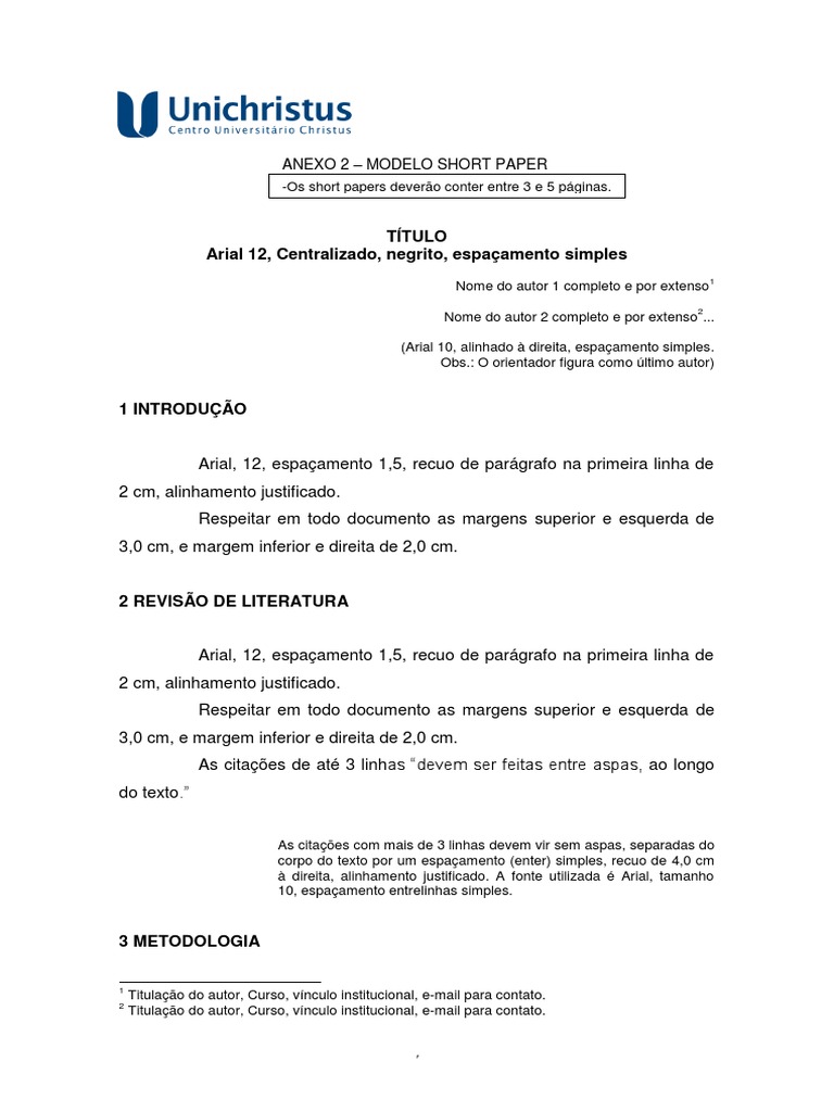 Formato e estrutura para elaboração de short paper | PDF