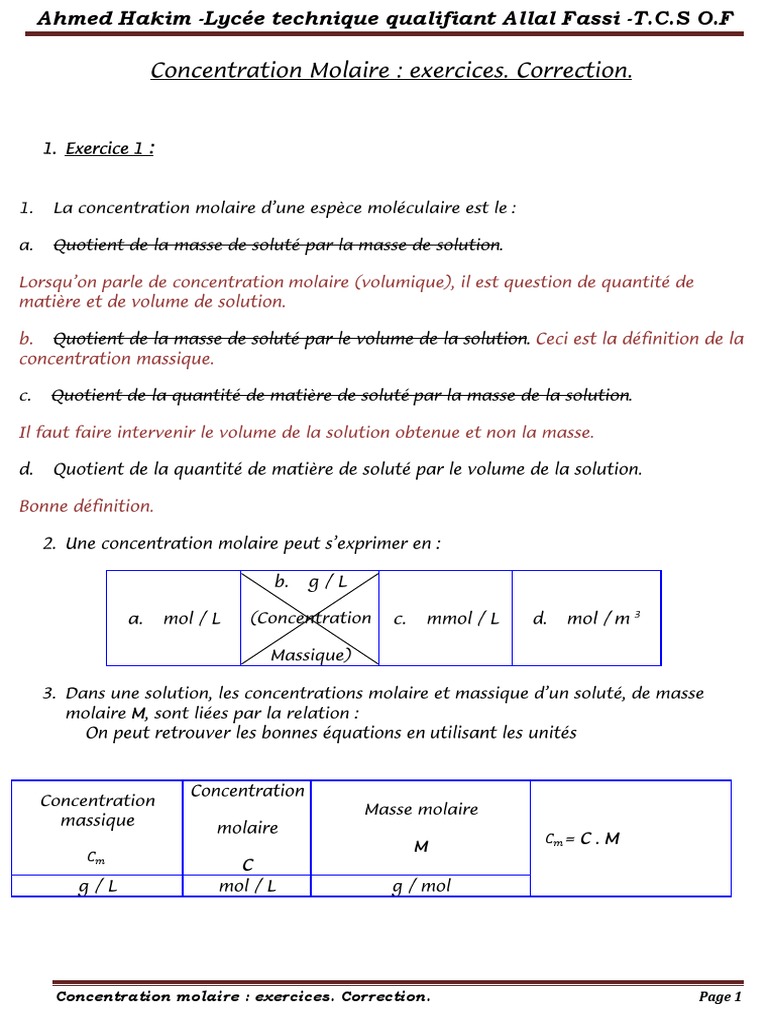 La Concentration Molaire Corrige Serie D Exercices 2 | PDF