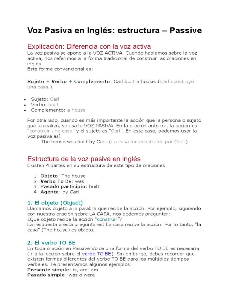 Estructura y Ejemplos de Voz Pasiva | PDF | Verbo | Asunto (gramática)