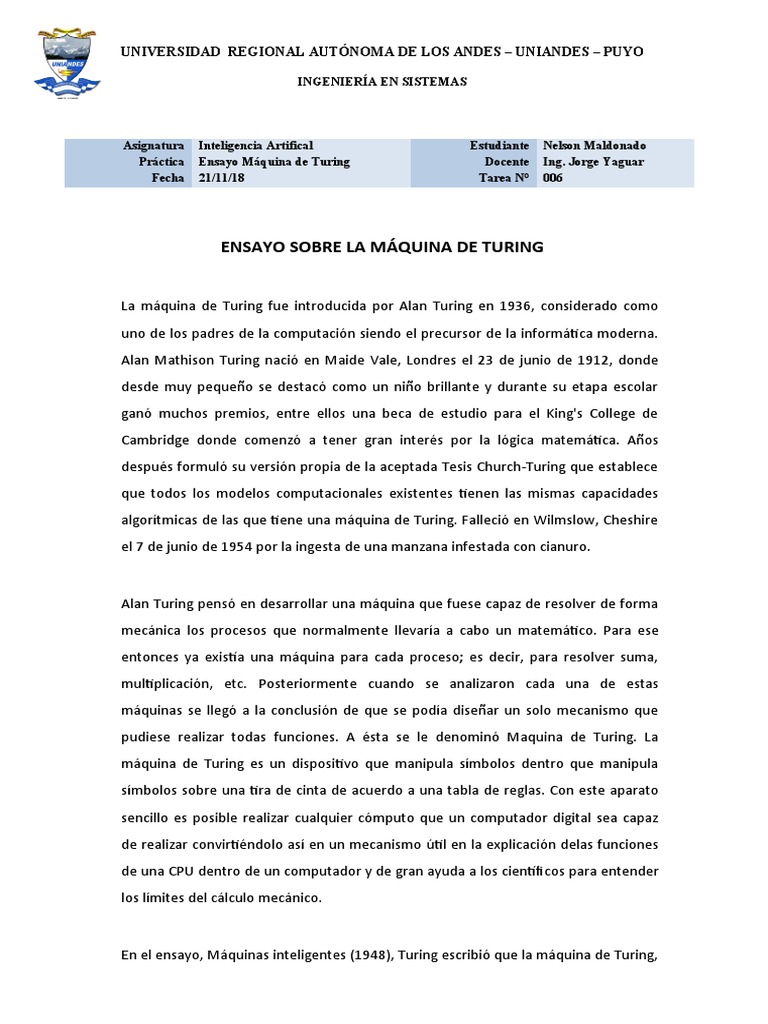 ENSAYO TURING.docx | PDF | Alan Turing | Informática