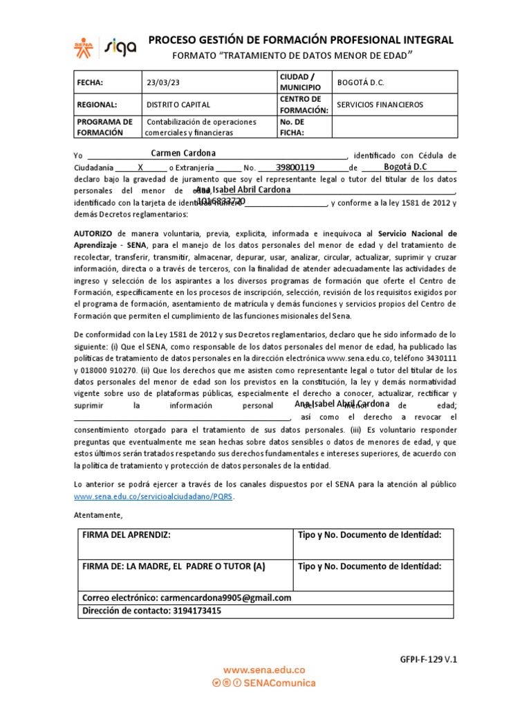 GFPI-F-129 Formato Tratamiento de Datos Menor de Edad | PDF