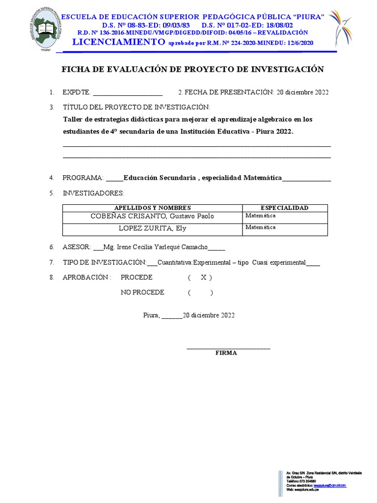 FICHA DE EVALUAC - DE PROYECTO-SUMILLA Gustavo Ely | PDF
