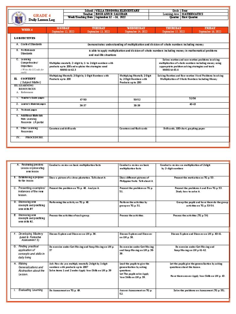 DLL Grade 4 Math Week 4 Overview | PDF