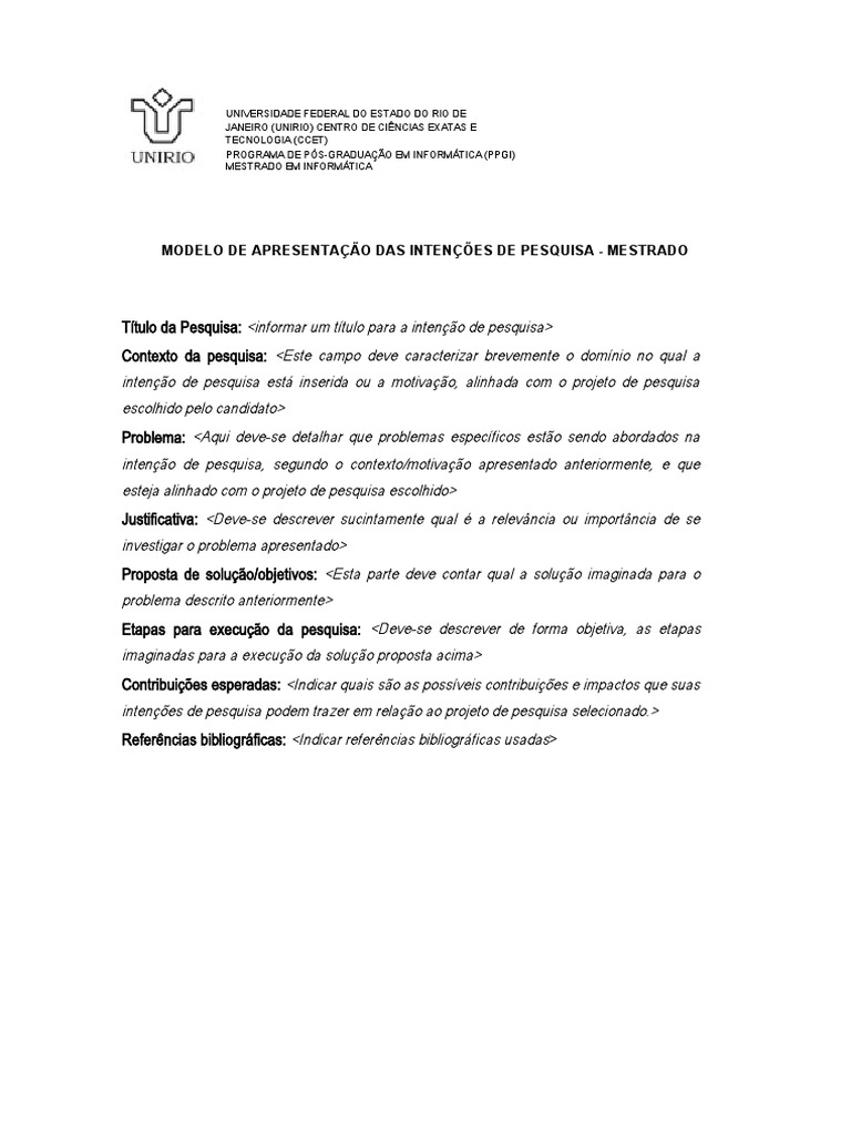 Modelo de Pre Projeto Mestrado PPGI | PDF Modelo de Pre Projeto Mestrado PPGI | PDF