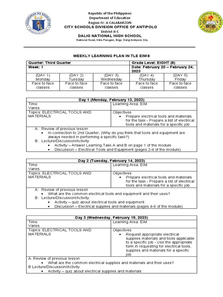 Weekly Learning Plan for TLE EIM 8 | PDF