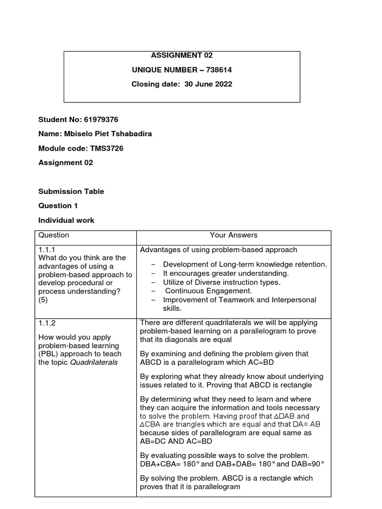 Assessment 2 - Question 1 Submission Table (Individual Work) PDF | PDF