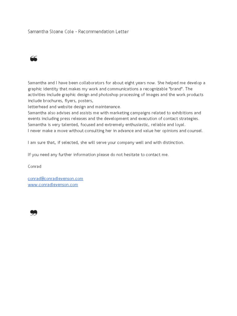 Samantha Sloane Cole - Recommendation Letter From Client 2019 PDF | PDF