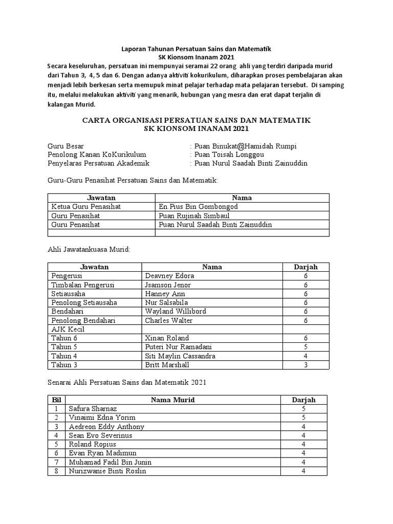 Laporan Tahunan Persatuan Sains Dan Matematik 2021 | PDF