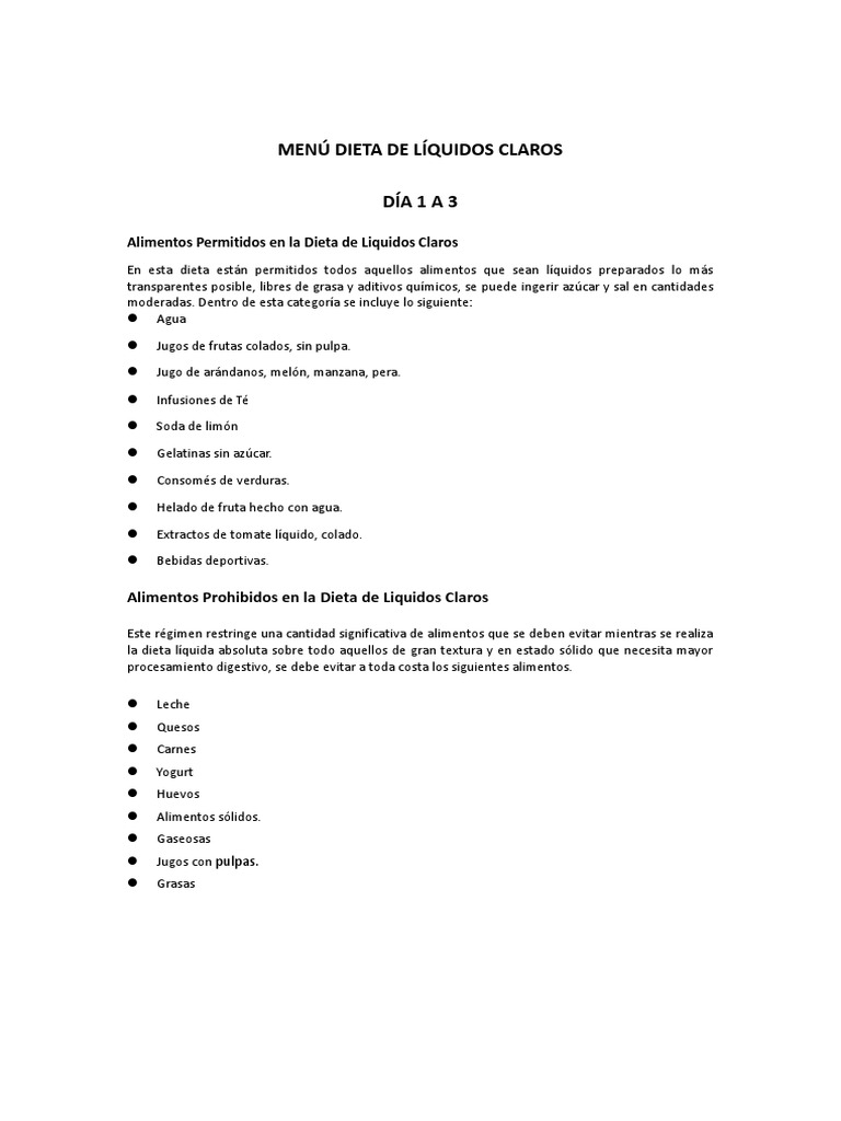 Menú Dieta de Líquidos Claros PDF | PDF