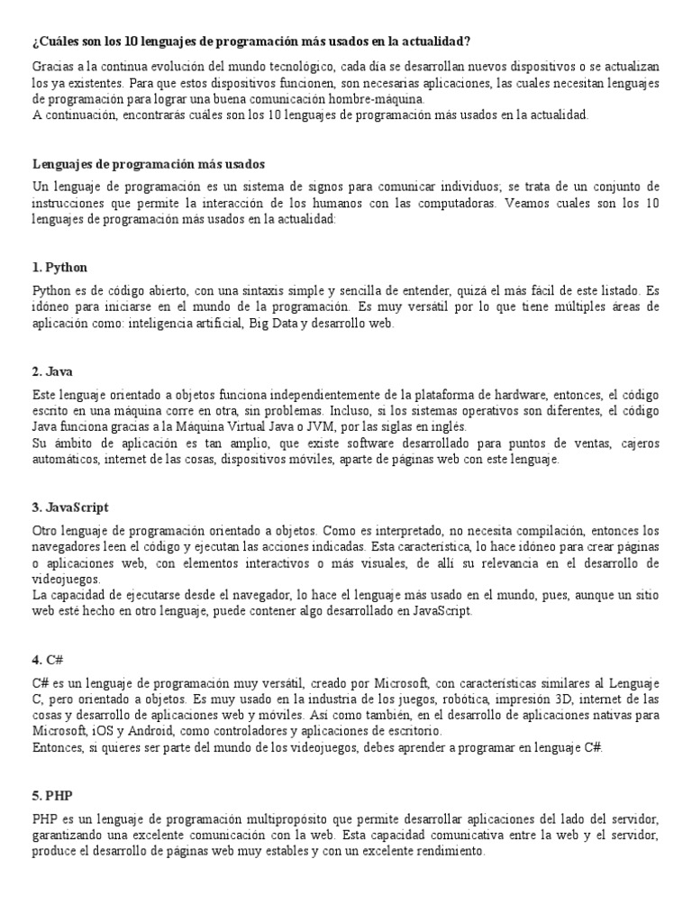 Cuáles Son Los 10 Lenguajes de Programación Más Usados en La Actualidad ...