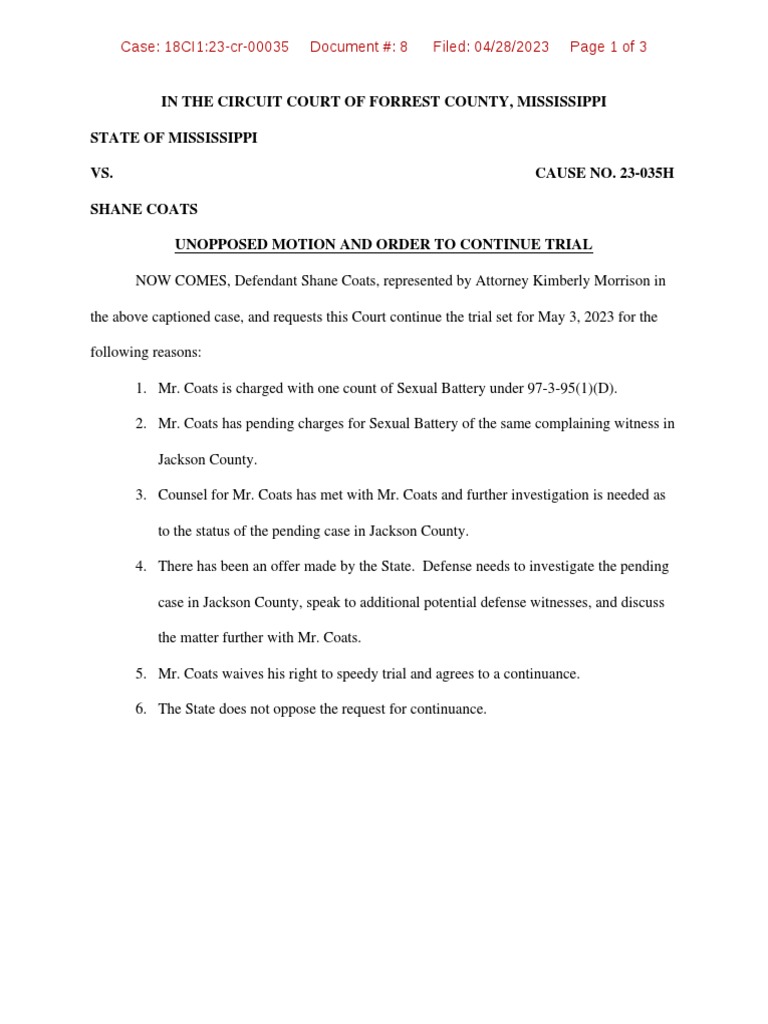 Unopposed Motion and Order To Continue Trial | PDF Unopposed Motion and Order To Continue Trial | PDF
