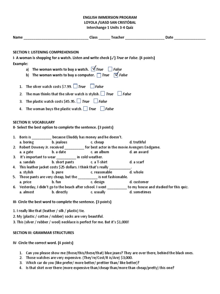 Interchange 1 Units 3-4 Quiz PDF | PDF Interchange 1 Units 3-4 Quiz PDF | PDF