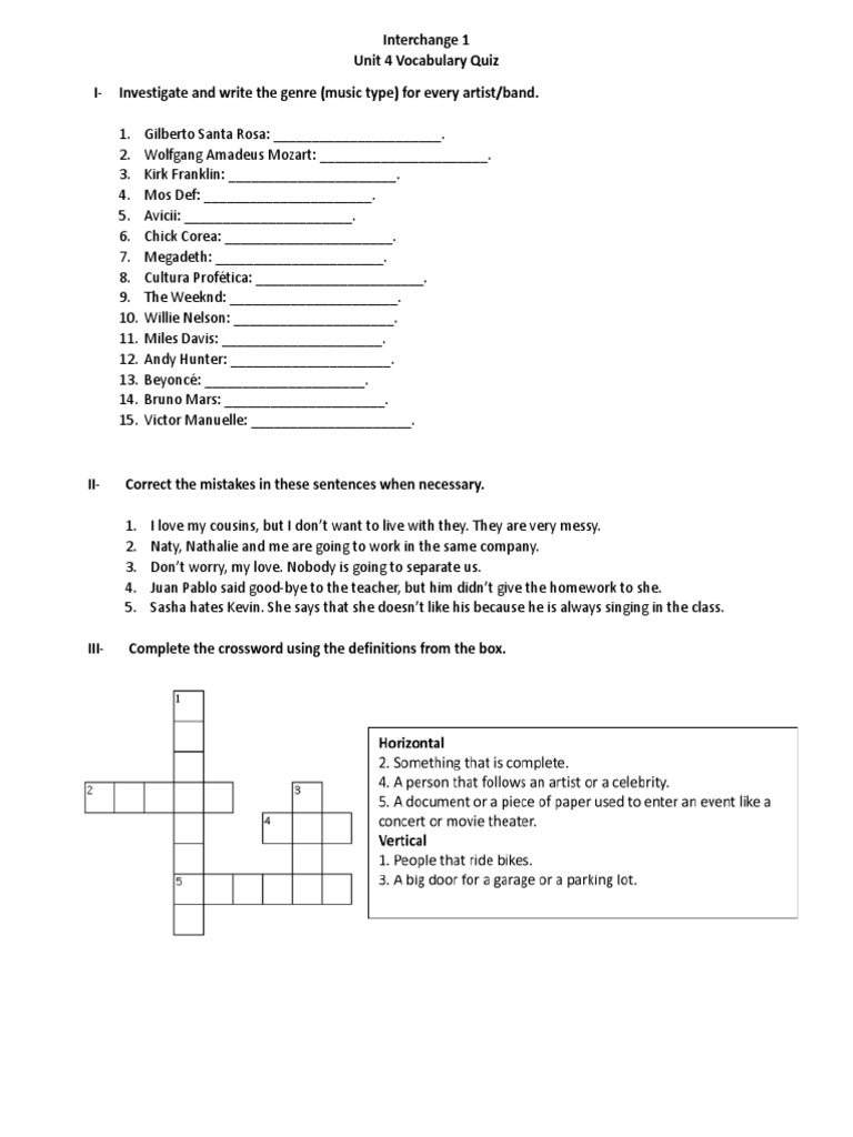 Interchange 1 Unit 4 Vocabulary Quiz PDF | PDF