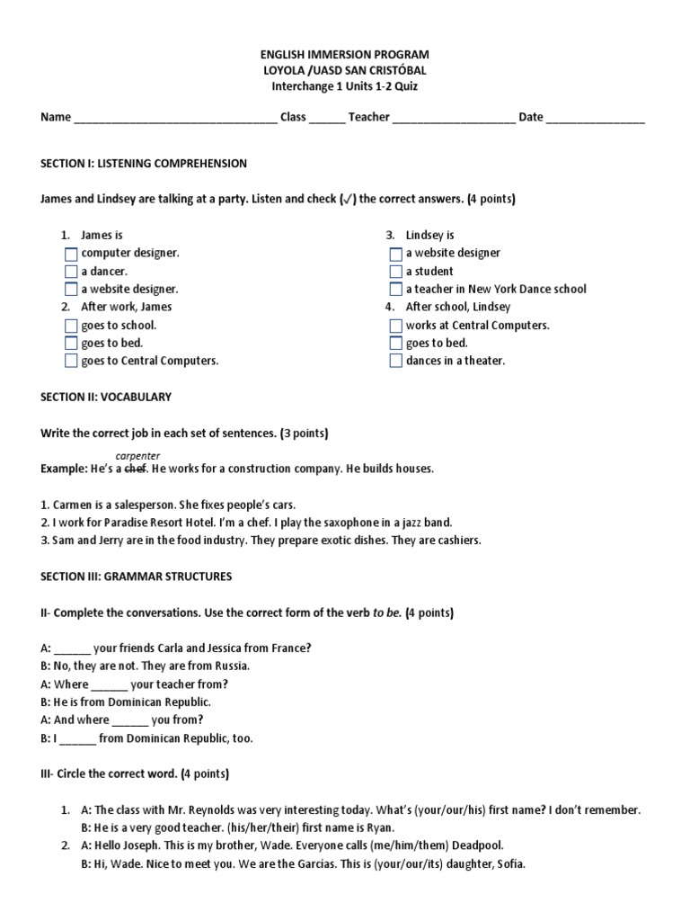 Interchange 1 Units 1-2 Quiz | PDF