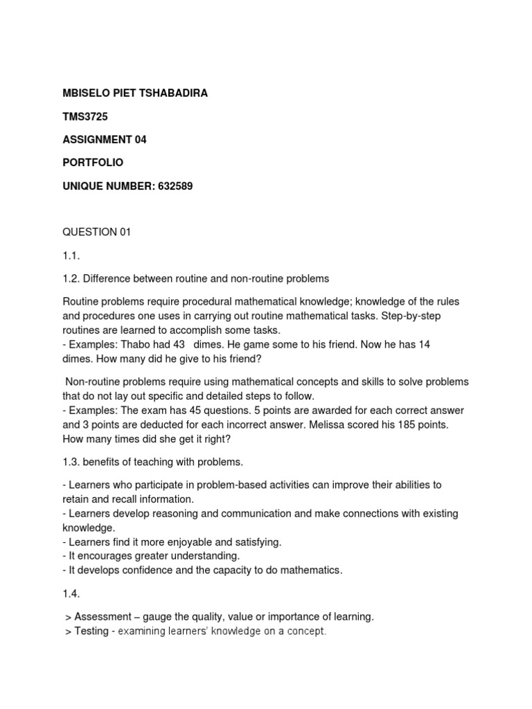 TPN2601 Maths Portfolio Insights | PDF