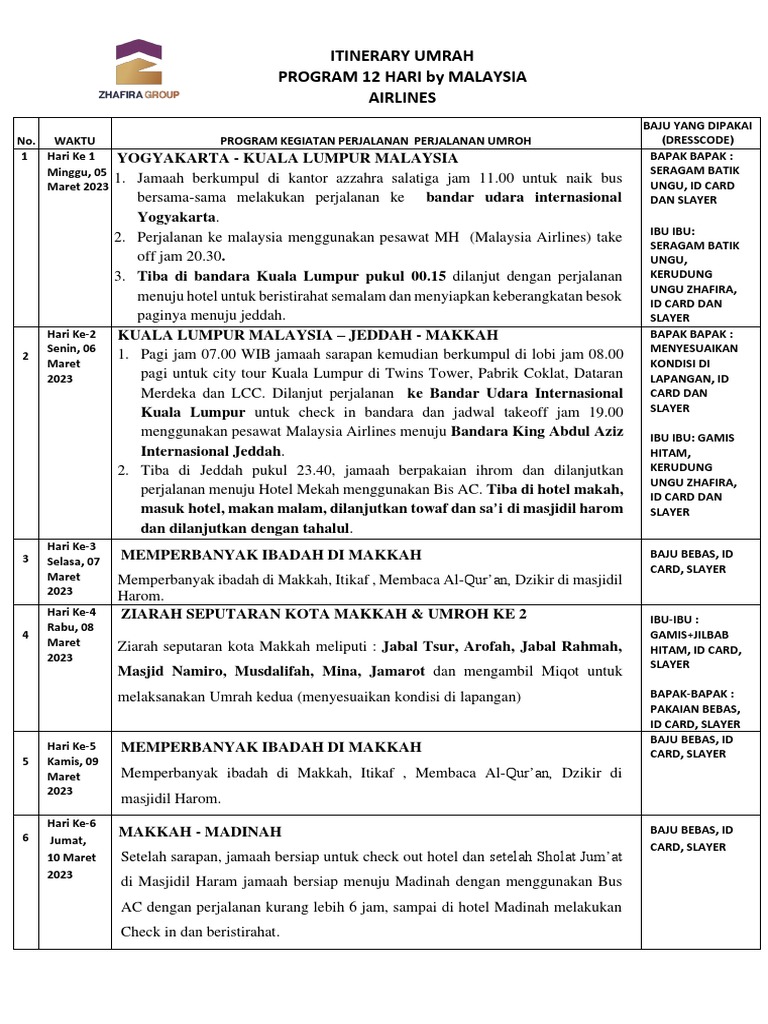 Itinerary Umrah 05 Maret 2023 by Malaysia Airlines PDF | PDF