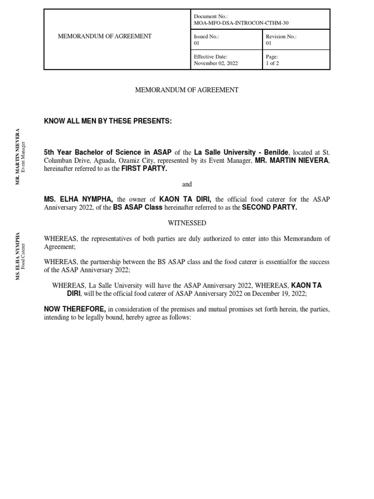 Memorandum of Agreement Caterer PDF | PDF | Common Law | Justice