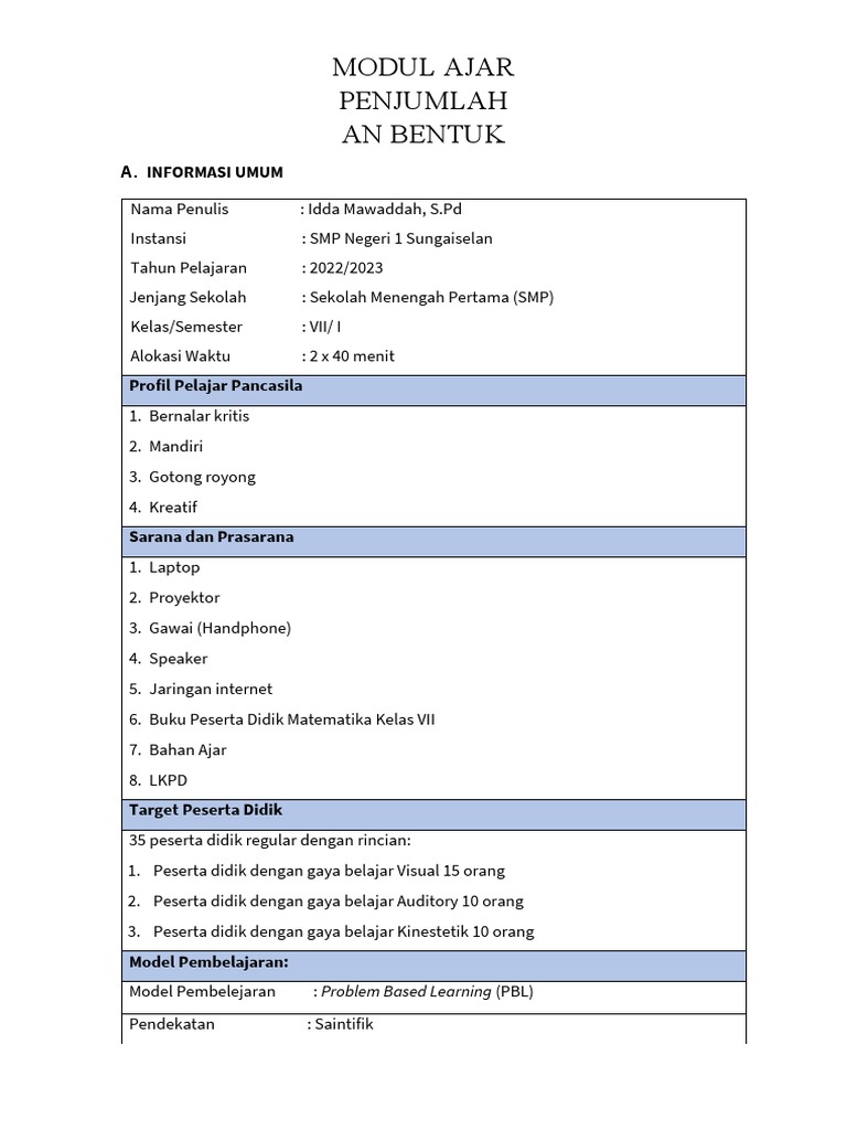 Modul Ajar Perbandingan Senilai Dan Berbalik Nilai | PDF