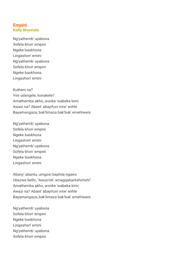 Zulu Song Lyrics: Empini | PDF