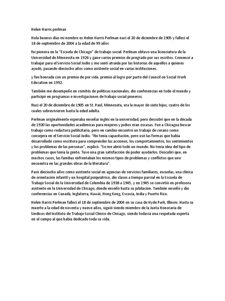 Biografía de Helen Harris Perlman | PDF | Trabajo Social | Universidad ...