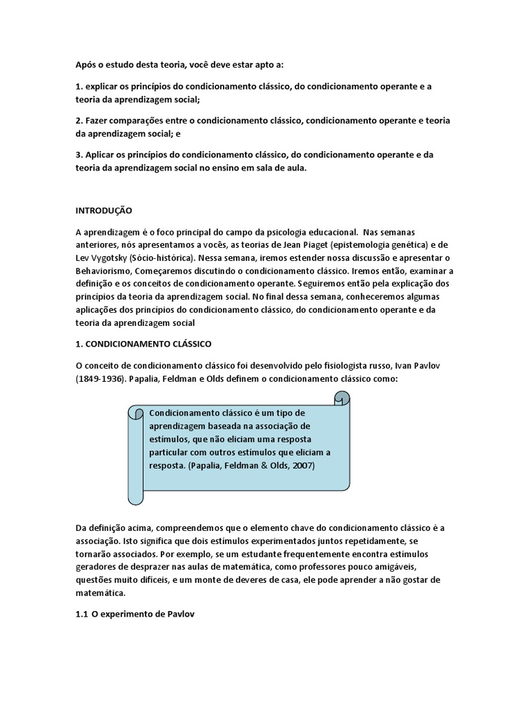 Teorias da Aprendizagem: Condicionamento Clássico, Condicionamento ...