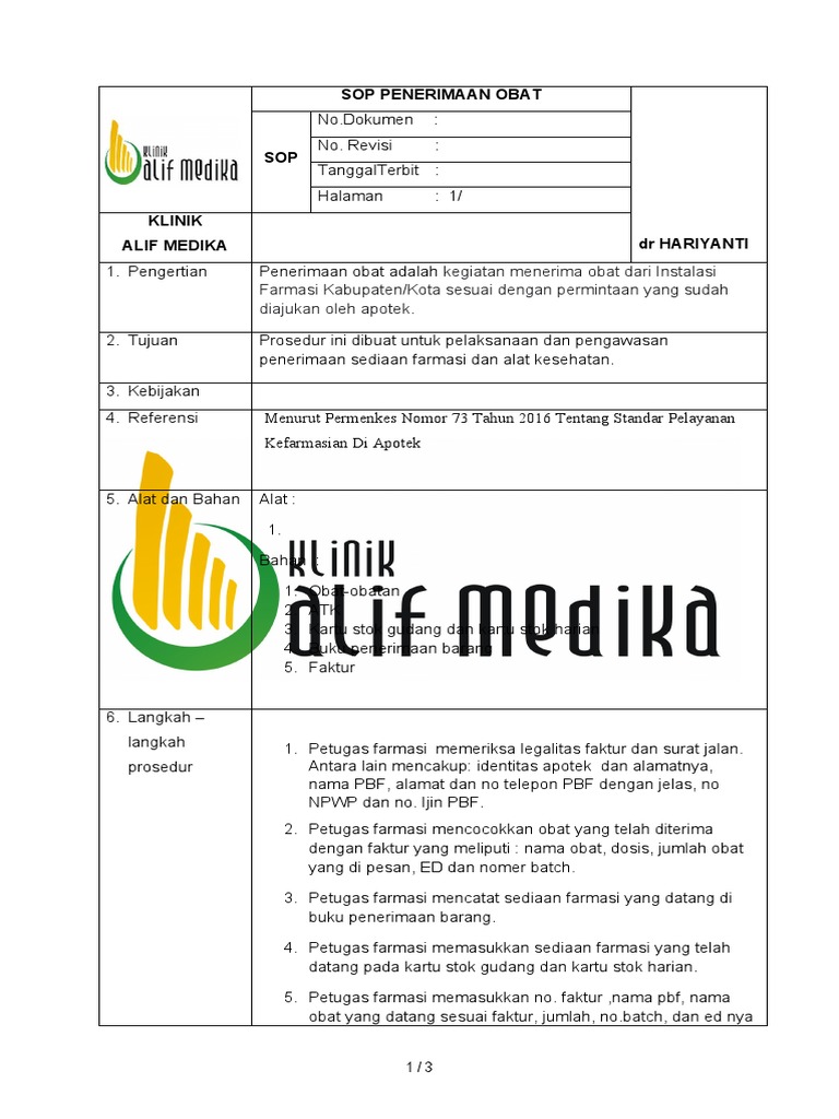 SOP Penerimaan Obat di Klinik | PDF