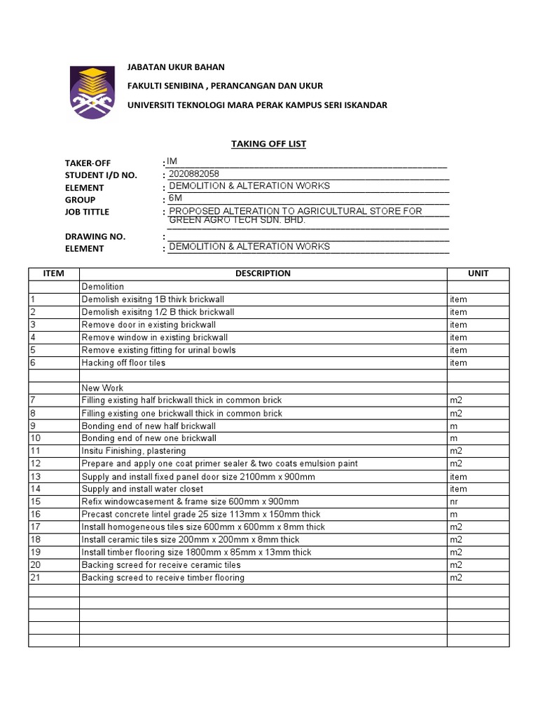 Taking Off List PDF | PDF | Buildings And Structures | Building Engineering
