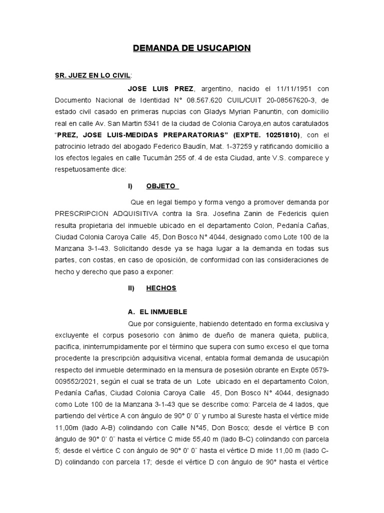 Demanda de Usucapion | PDF
