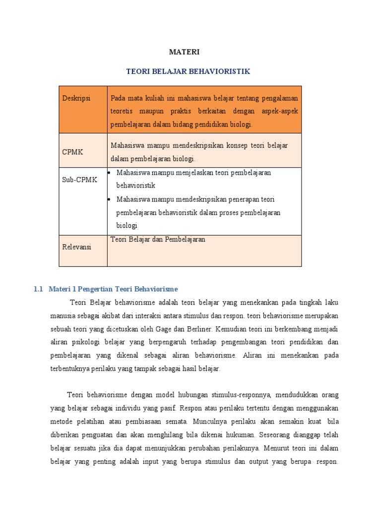 Materi Teori Belajar Behavioristik | PDF