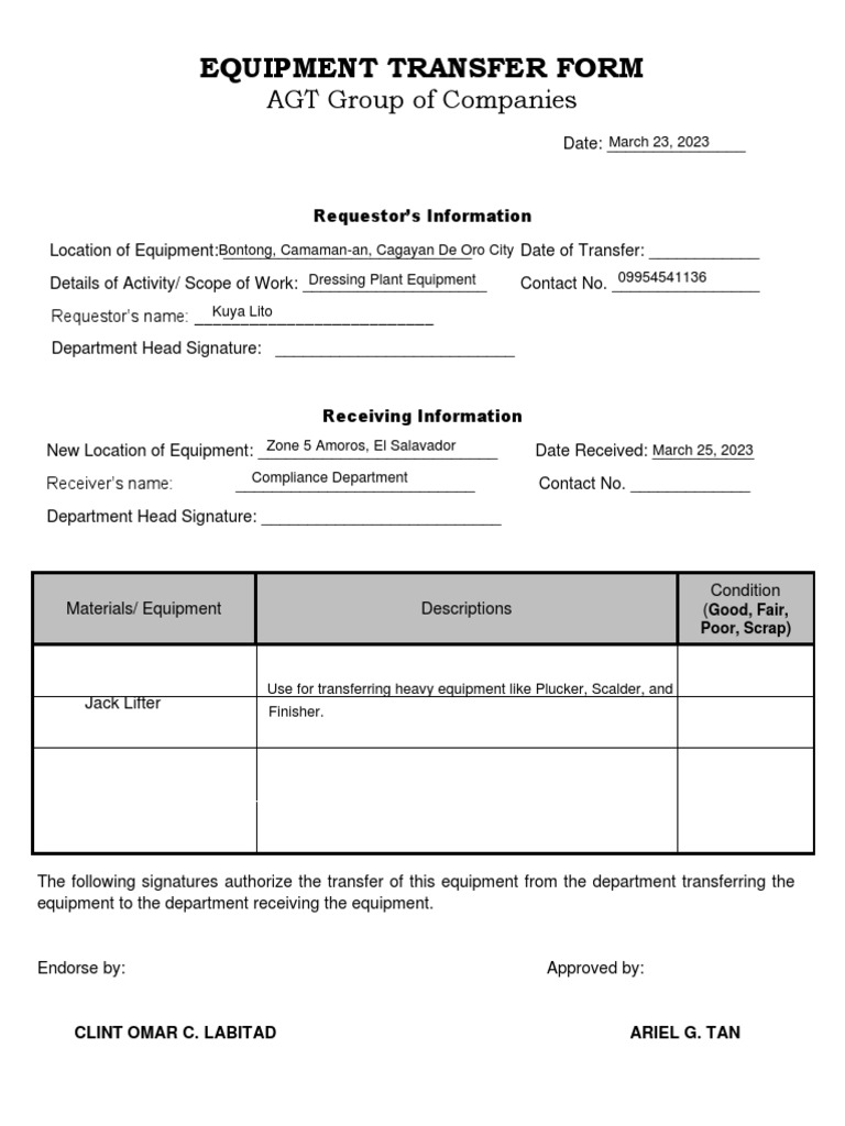 Equipment Transfer Form PDF | PDF | Technology & Engineering