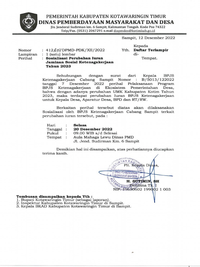 Surat Kepala Dinas PMD - Sosialisasi Perubahan Iuran BPJS Ketenagakerjaan Tahun 2023 PDF | PDF