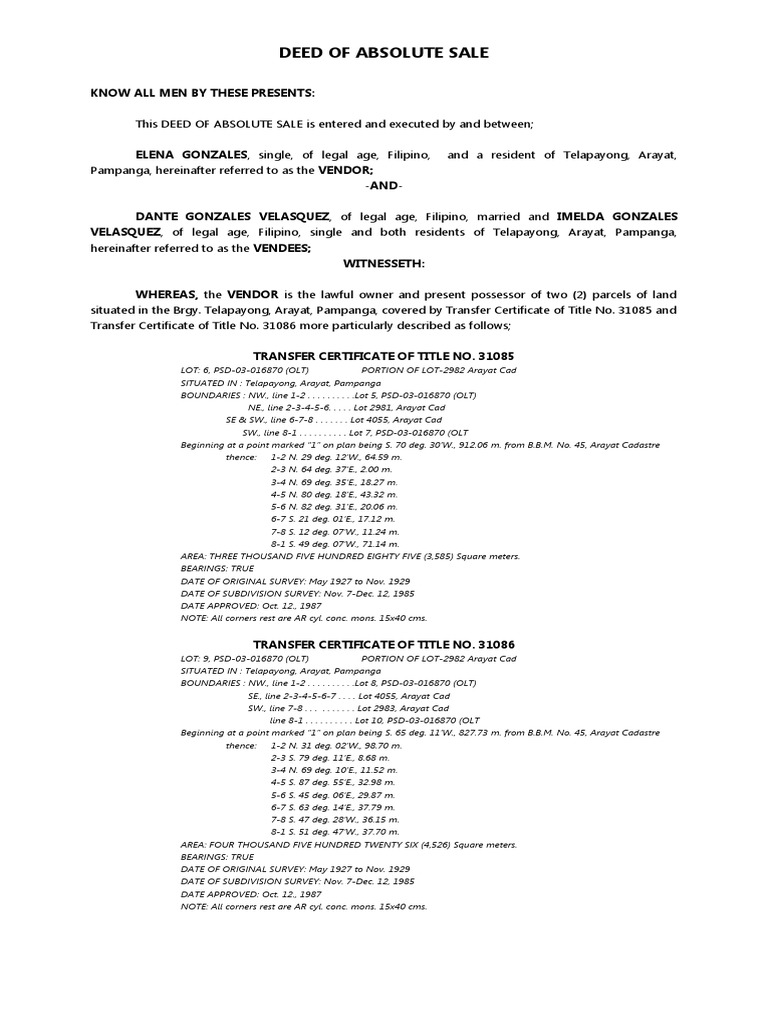 Deed of Absolute Sale - 3,000-4,000 Sq. M | PDF | Justice | Crime & Violence