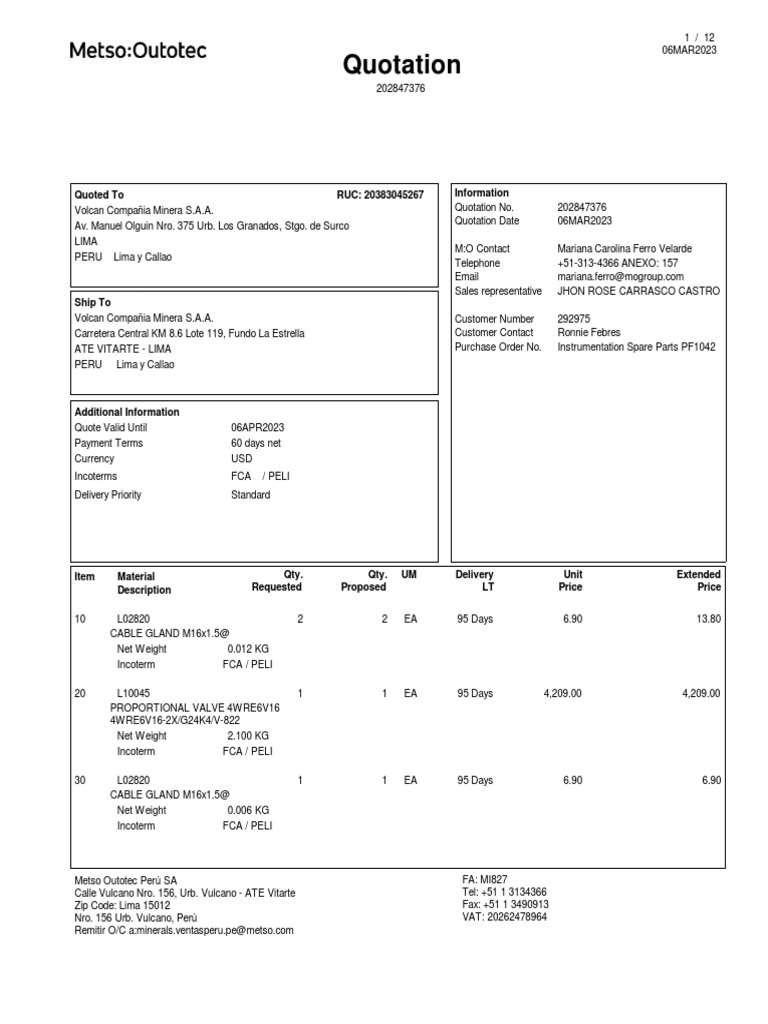 Metso Quotation for Volcan Mining | PDF | Trade | Business