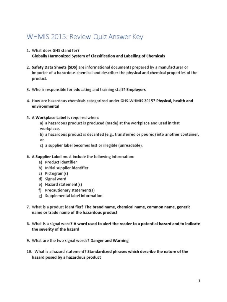 WHMIS 2015 Quiz Answer Key PDF | PDF | Self-Improvement | Science ...