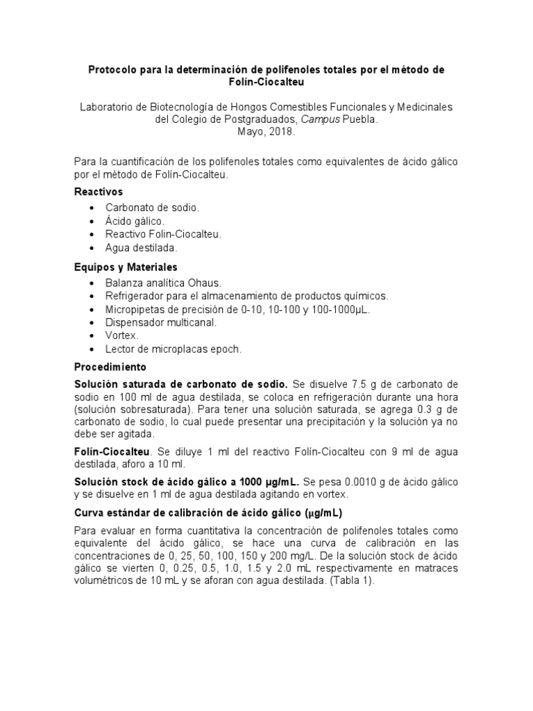 1.-Protocolo Folin-Ciocalteu | PDF | Concentración | Sustancias químicas