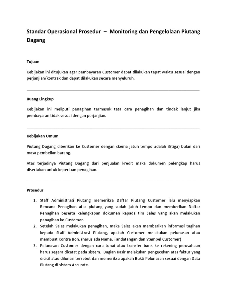 SOP Monitoring Dan Pengelolaan Piutang Dagang PT. NSI PDF | PDF