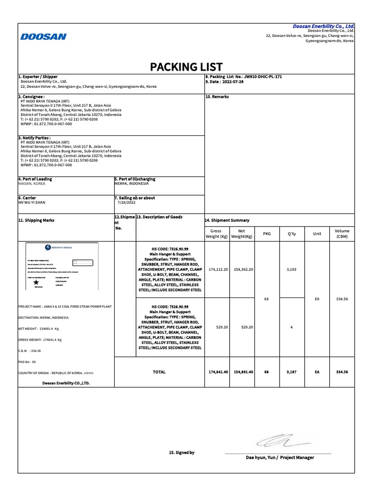 Doosan Enerbility Packing List for IRT | PDF