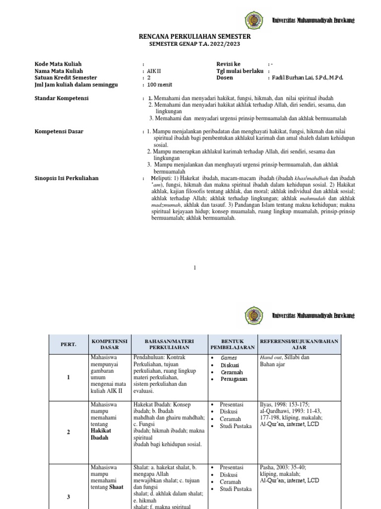 Rencana Perkuliahan Semester Aik II | PDF | Agama & Spiritualitas