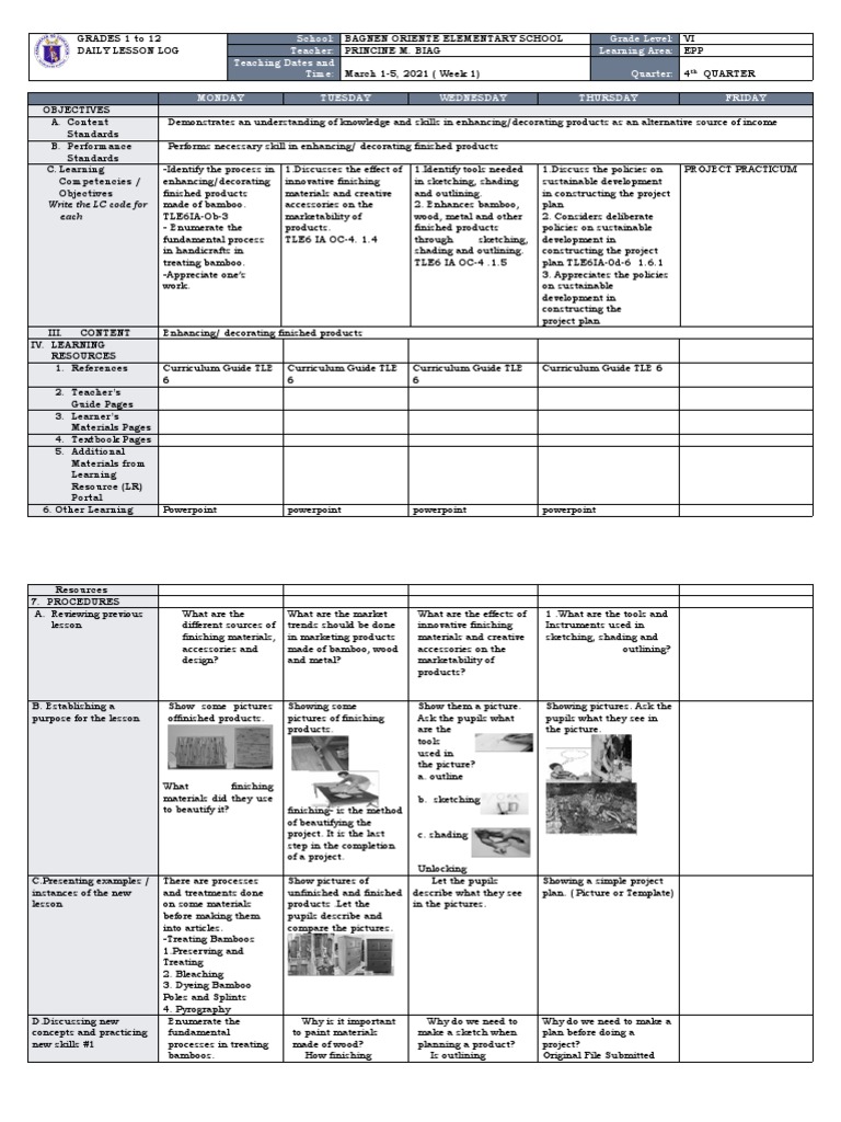 Daily Lesson Log for EPP Grade VI | PDF | Art | Computers