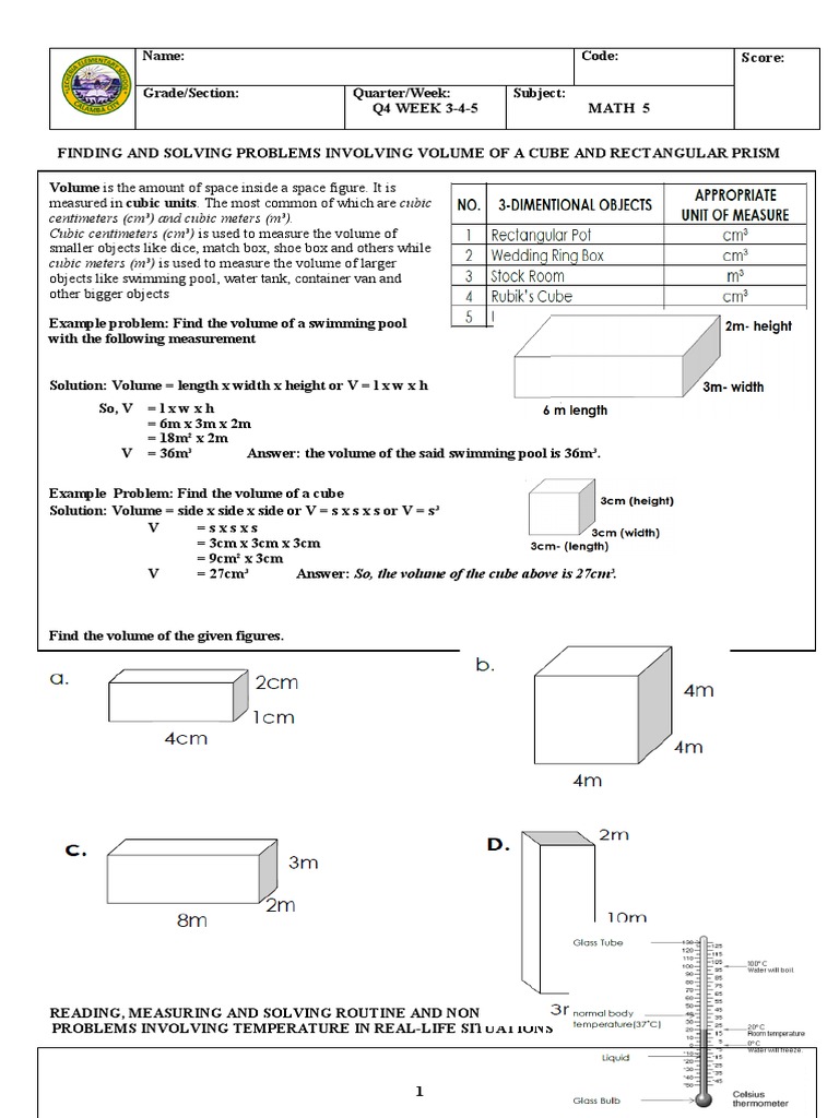 Volume and Temperature Problem Solving | PDF | Thermometer | Volume