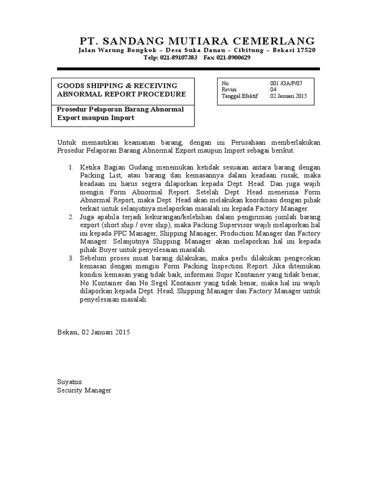 Goods Shipping - Receiving Abnormal Report Procedure - Rev04 Indo | PDF