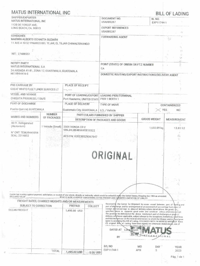 Ejemplo Bill of Lading PDF | PDF